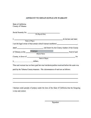 Fillable Online tehamaschools AFFIDAVIT TO OBTAIN DUPLICATE OF LOST OR DESTROYED WARRANT Fax ...