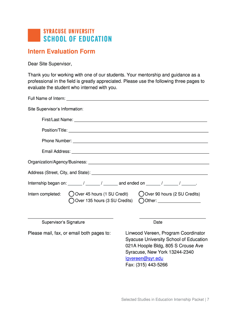 Fillable Online soe syr Intern Evaluation Form - School of Education ...