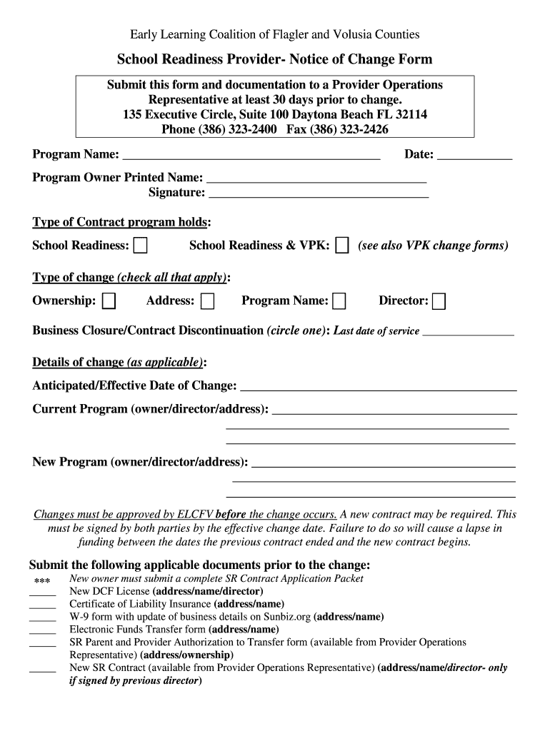 Fillable Online elcfv School Readiness Provider- Notice of Change Form ...