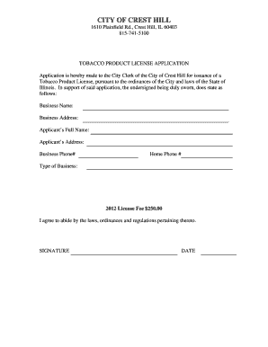 Fillable Online TOBACCO PRODUCT LICENSE APPLICATION 2012doc Fax Email ...