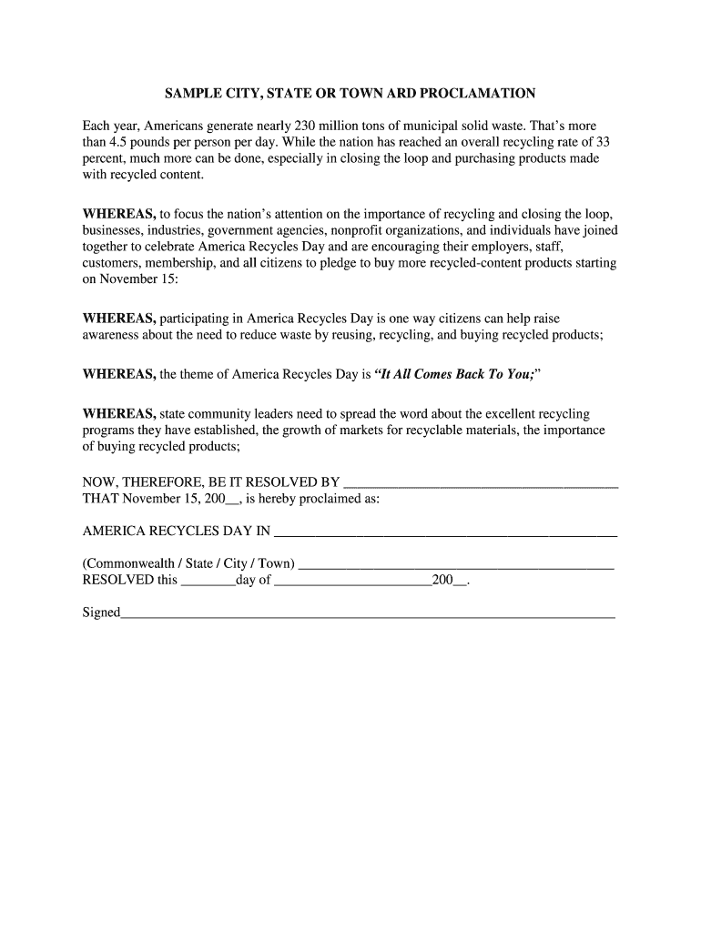 Fillable Online p2pays SAMPLE CITY STATE OR TOWN ARD PROCLAMATION ...