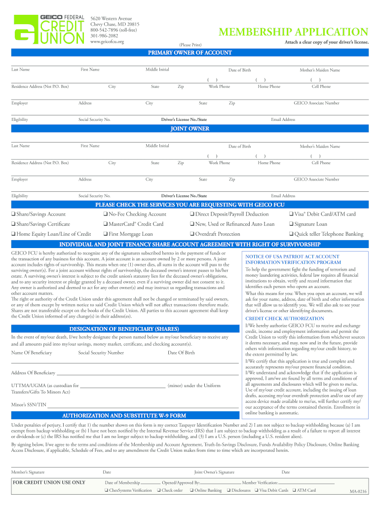 Fillable Online geicofcu Membership Application - GEICO Federal Credit ...