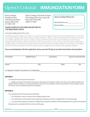 Fillable Online Immunization Form 2015 - Quincy College Fax Email Print ...