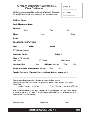 Fillable Online RV TRAILER APPLICATION LIVESTOCK ONLY SPACE All RV Fax ...