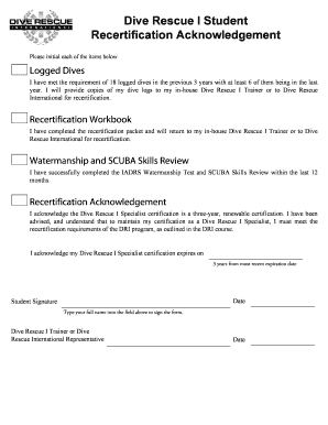 Fillable Online Dive Rescue I Student Recertification Acknowledgement ...