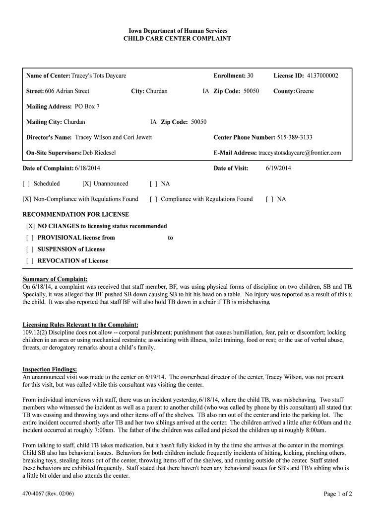 Fillable Online dhs iowa Name of Center Tracey's Tots Daycare Fax Email ...