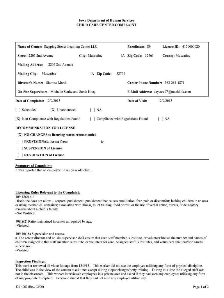 Fillable Online dhs iowa CHILD CARE CENTER COMPLAINT Fax Email Print ...