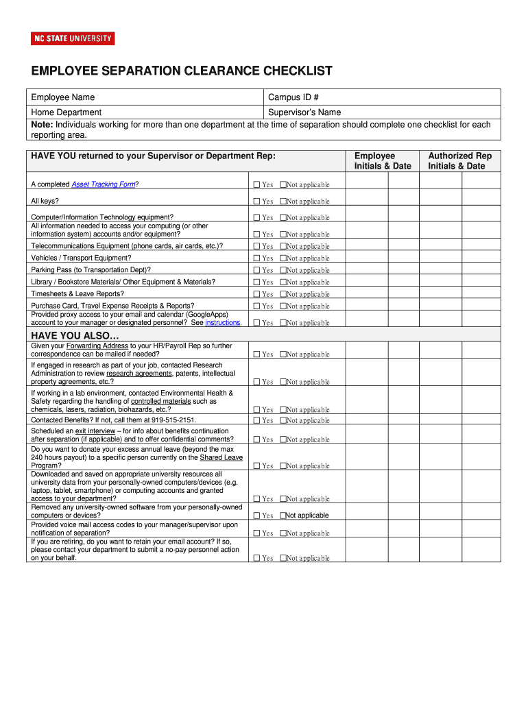 Fillable Online EMPLOYEE SEPARATION CLEARANCE CHECKLIST Fax Email Print ...