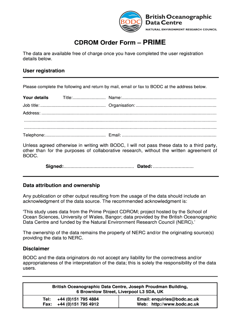 Fillable Online bodc ac CDROM Order Form Fax Email Print - pdfFiller