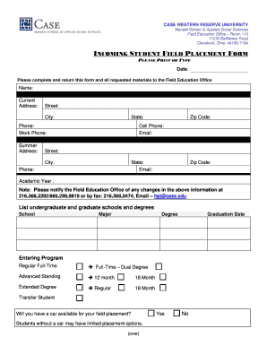 Fillable Online msass cwru INCOMING STUDENT FIELD PLACEMENT FORM Fax ...