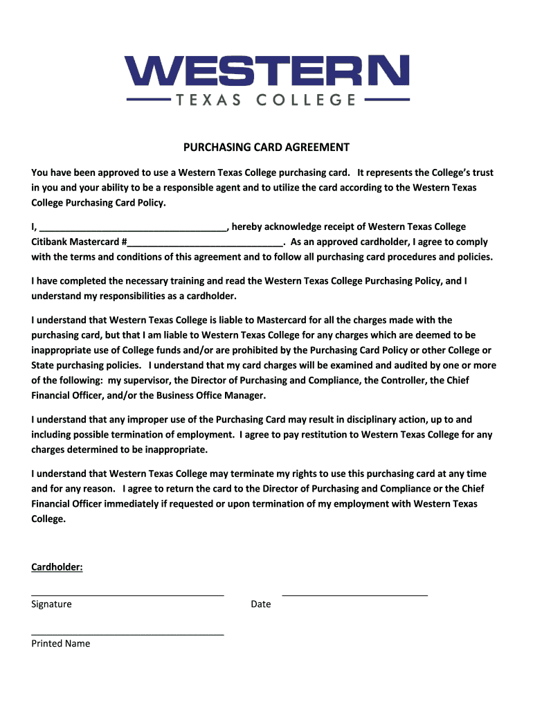 Fillable Online wtc PURCHASING CARD AGREEMENT - wtcedu Fax Email Print ...