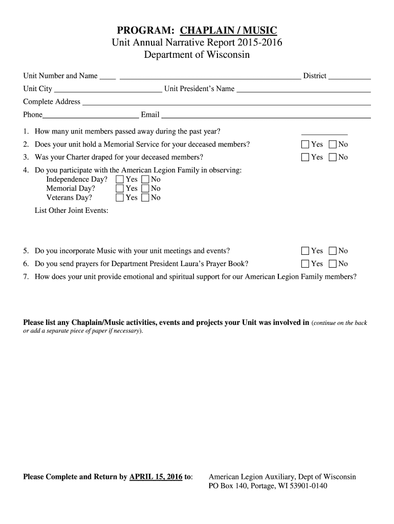 Fillable Online amlegionauxwi PROGRAM CHAPLAIN MUSIC Unit Annual ...