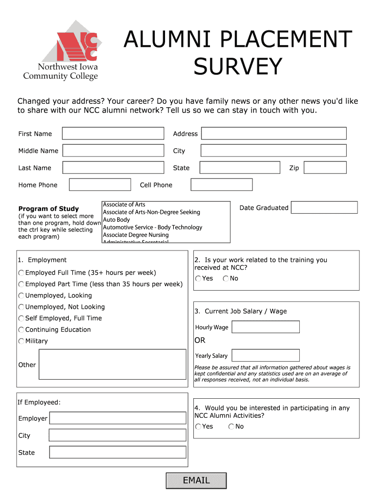 Fillable Online nwicc ALUMNI PLACEMENT SURVEY - Prospective Students ...
