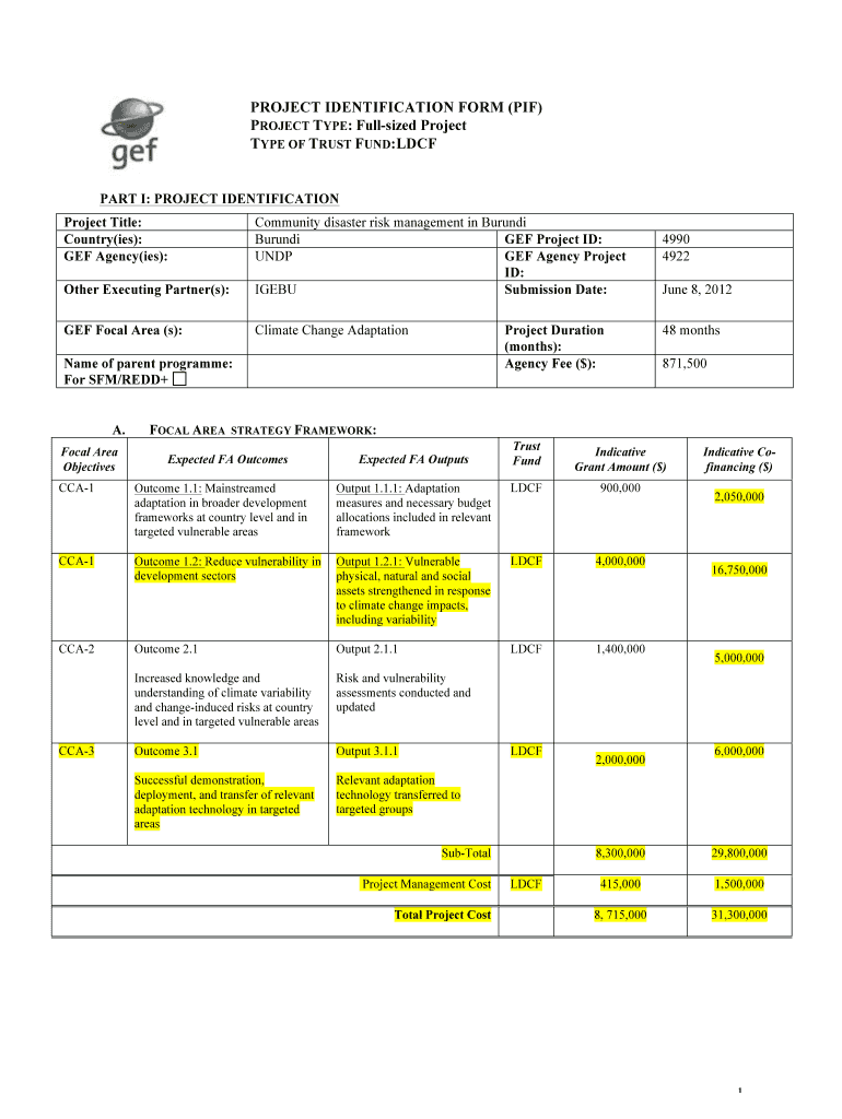 Fillable Online adaptation-undp PROJECT IDENTIFICATION FORM PIF PROJECT - adaptation-undp Fax ...