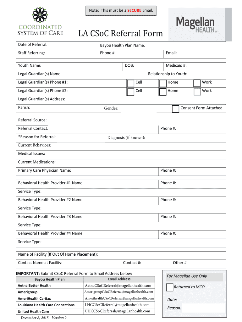 Fillable Online LA CSoC Referral Form - Magellan of Louisiana Fax Email ...