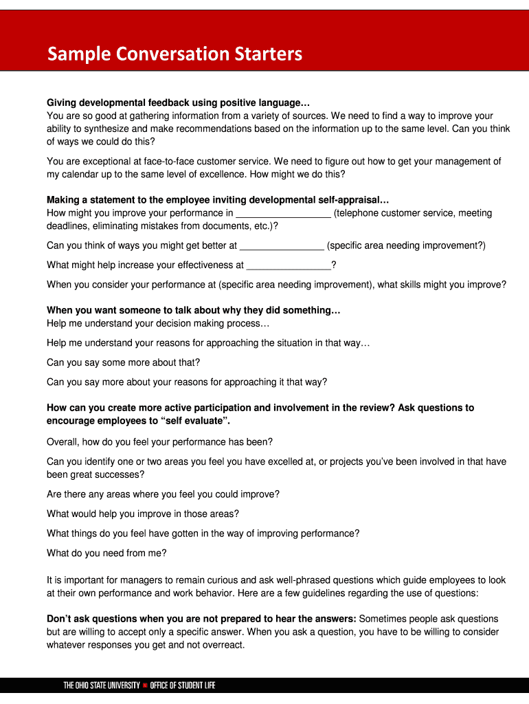 Fillable Online Sample Conversation Starters - Ohio State University ...