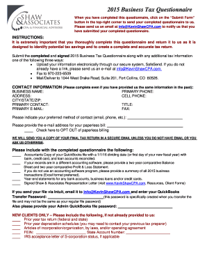 Fillable Online 2015 Business Tax Questionnaire NON-FILLABLE Fax Email ...
