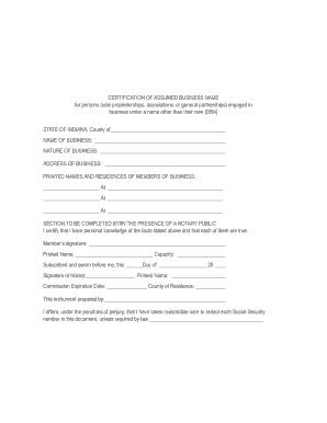 Fillable Online CERTIFICATION OF ASSUMED BUSINESS NAME STATE OF INDIANA ...