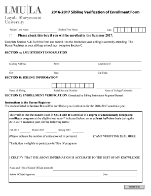 Fillable Online financialaid lmu 2016-2017 Sibling Verification of ...