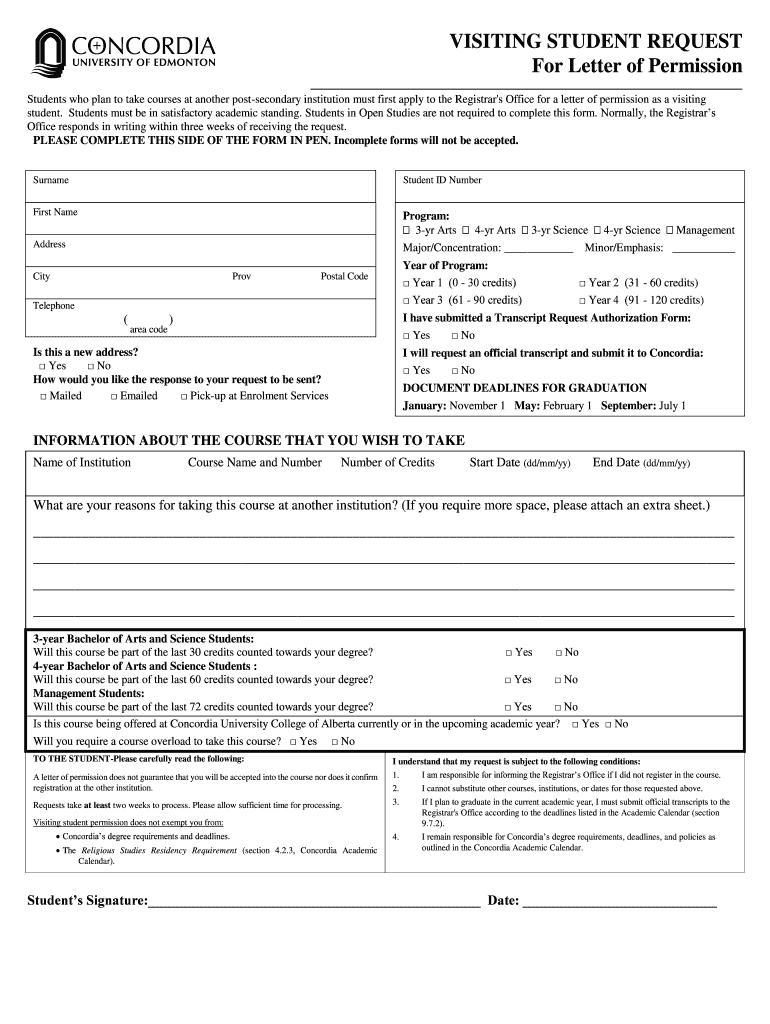 Fillable Online VISITING STUDENT REQUEST - Concordia University of Edmonton Fax Email Print ...