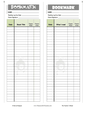 Fillable Online Reading Log Bookmark - Timesavers For Teacherscom Fax Email Print - pdfFiller