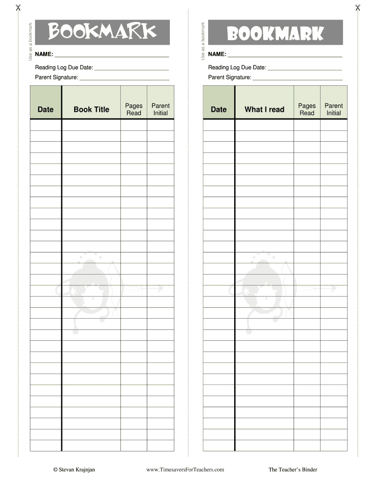 Fillable Online Reading Log Bookmark - Timesavers For Teacherscom Fax ...