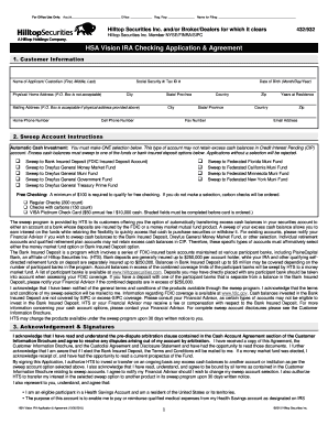 Fillable Online HSA Vision IRA Checking Application amp Agreement Fax ...