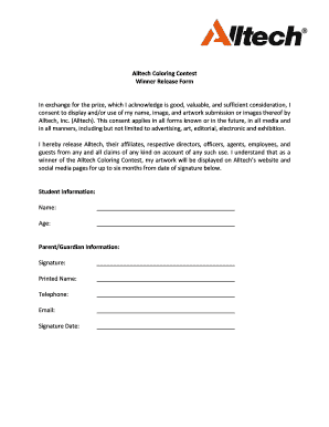 Fillable Online Alltech Coloring Contest Winner Release Form Fax Email ...