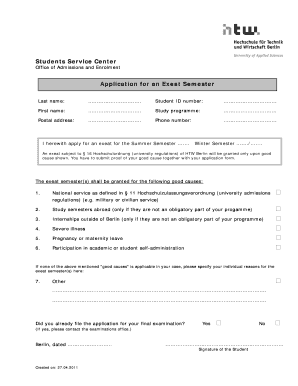 Fillable Online Application for an Exeat Semesterdoc Fax Email Print ...