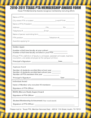 Fillable Online Texas PTA Membership Awards recognize membership ...