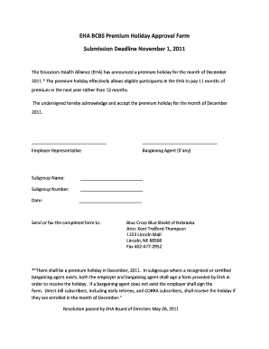 Fillable Online ehaplan EHA BCBS Premium Holiday Approval Form ...