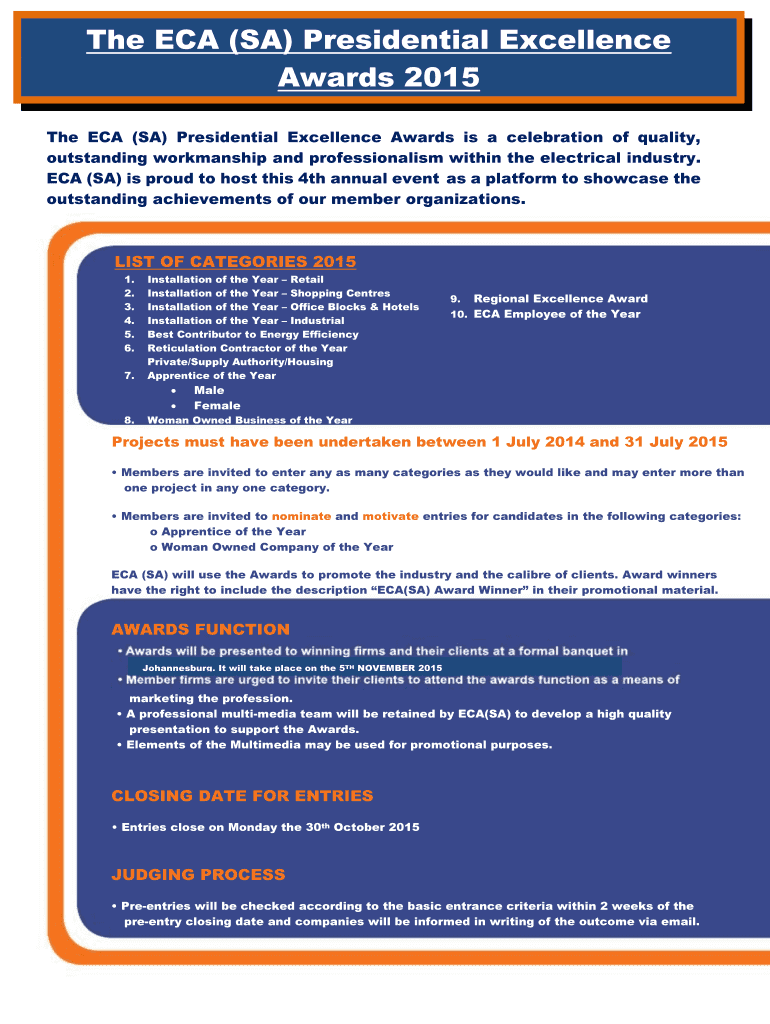 Fillable Online The ECA SA Presidential Excellence Awards 2015 Fax ...