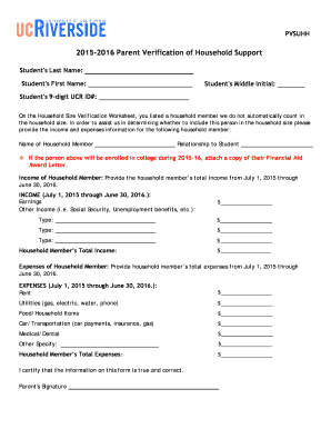 Fillable Online 2015-2016 Parent Verification of Household Support Fax ...