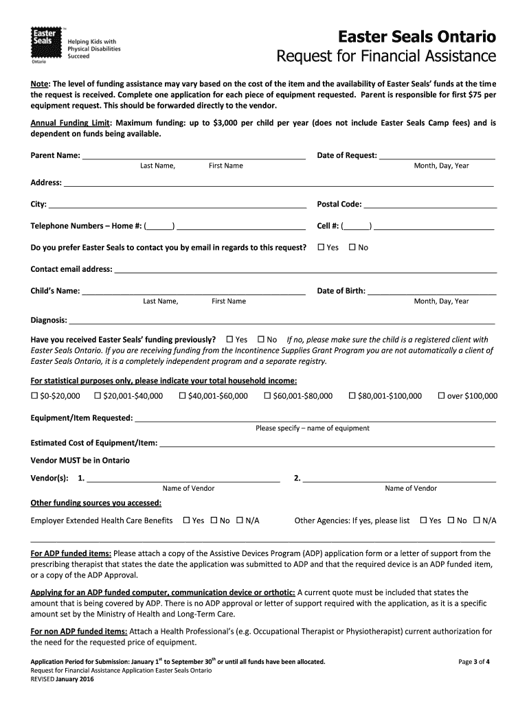 Fillable Online easterseals Easter Seals Ontario Request for Financial Assistance Fax Email ...