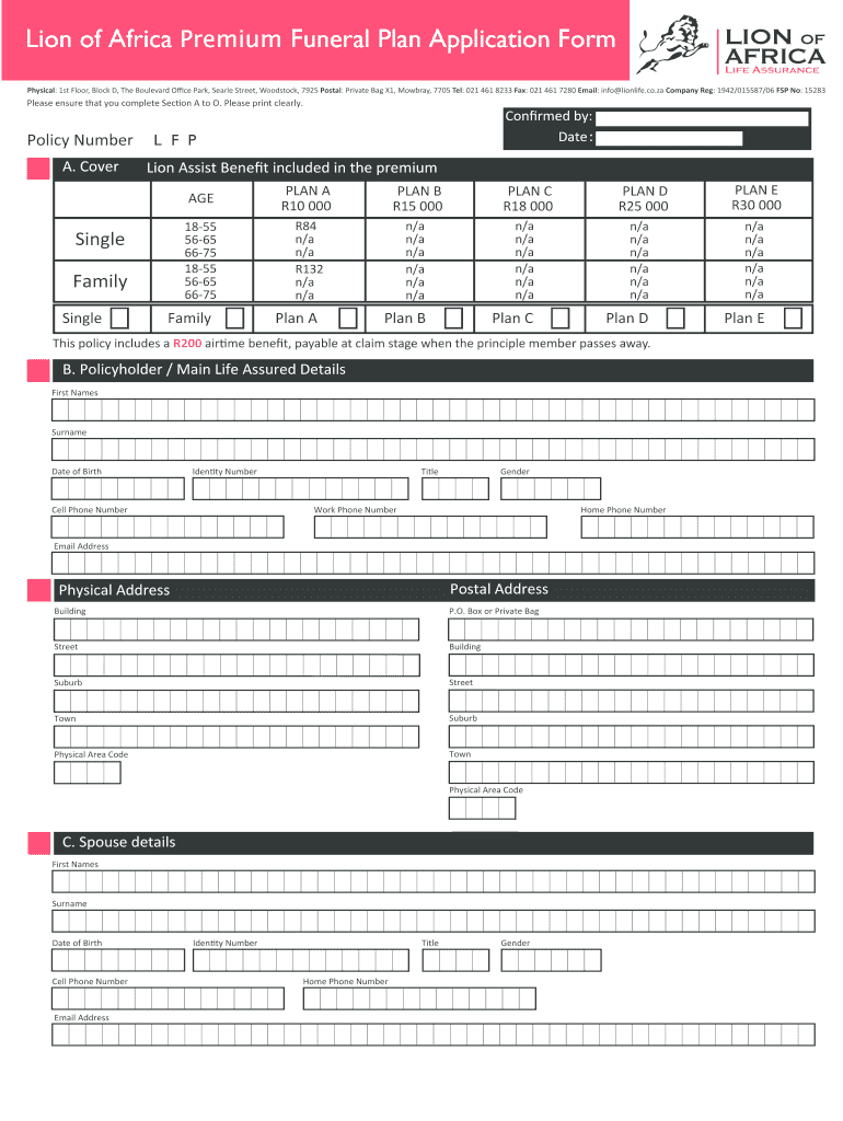 Fillable Online Lion of Africa Premium Funeral Plan Application Form ...