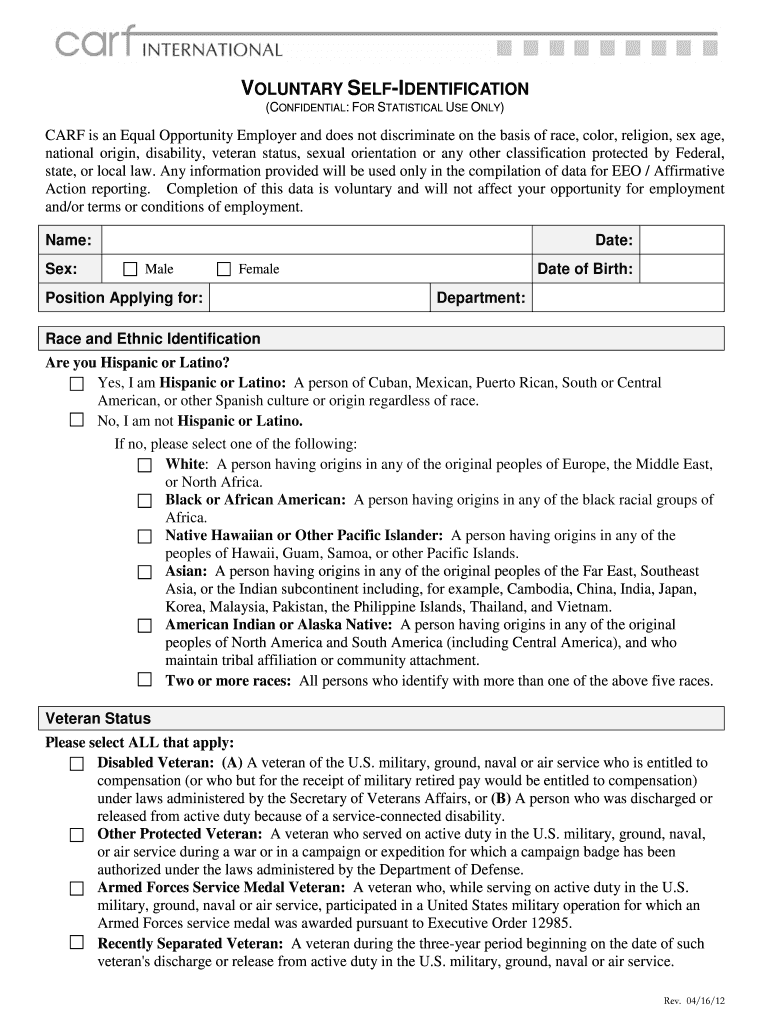 Fillable Online carf VOLUNTARY SELF-IDENTIFICATION - CARF International ...
