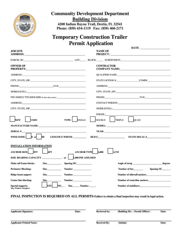 Fillable Online Temporary Construction Trailer Permit Application Fax ...