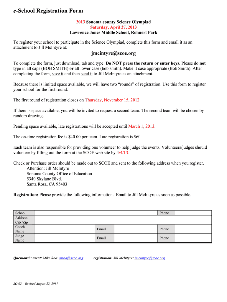 Fillable Online scoe eSchool Registration Form 2013 Sonoma county ...