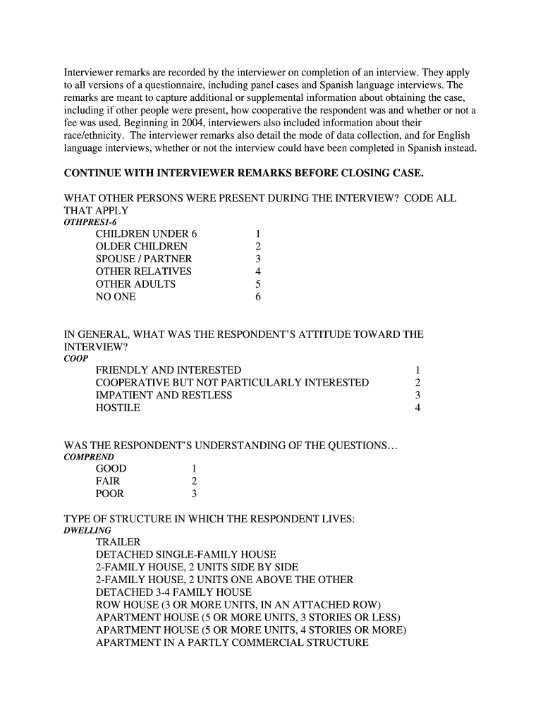 Fillable Online Interviewer remarks are recorded by the interviewer on ...