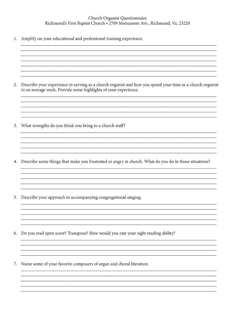 Fillable Online fbcrichmond Church Organist Questionnaire - First ...