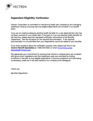 Fillable Online Dependent Eligibility Verification - Vectren Fax Email ...