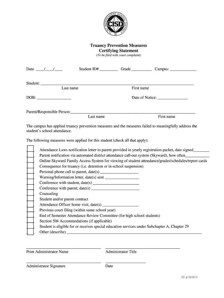 Fillable Online Truancy Prevention Measures Certifying Statement To be ...