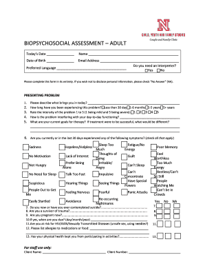 Fillable Online cehs unl BIOPSYCHOSOCIAL ASSESSMENT ADULT Fax Email Print - pdfFiller