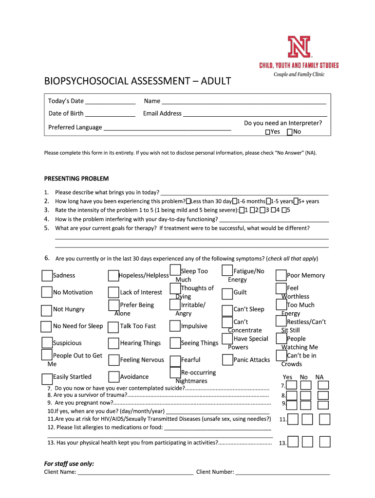 Fillable Online cehs unl BIOPSYCHOSOCIAL ASSESSMENT ADULT Fax Email Print - pdfFiller
