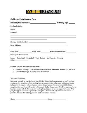 Fillable Online Childrens Party Booking Form Fax Email Print - pdfFiller