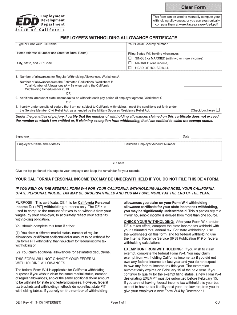 Fillable Online DE 4 Employees Withholding Allowance Certificate DE 4 ...