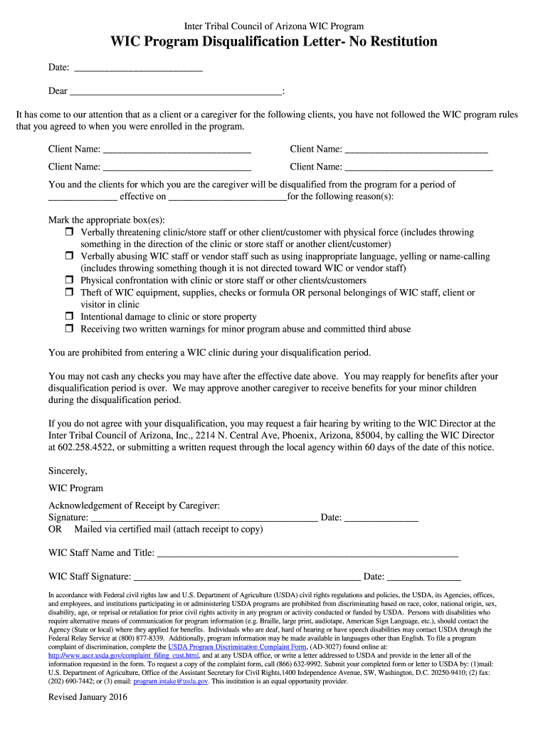 Fillable Online Inter Tribal Council of Arizona WIC Program WIC Program ...
