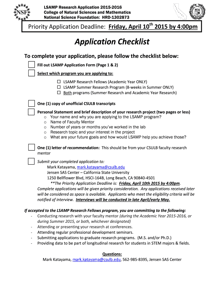 Fillable Online LSAMP Summer bProgram Applicationb - California State University bb Fax Email ...
