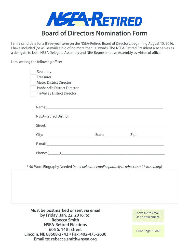 Fillable Online nsea Board of Directors Nomination Form - NSEA Fax ...