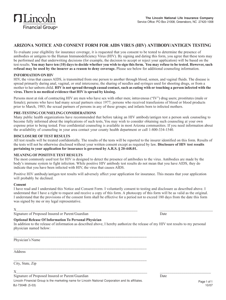 Fillable Online ARIZONA NOTICE AND CONSENT FORM FOR AIDS VIRUS HIV Fax ...